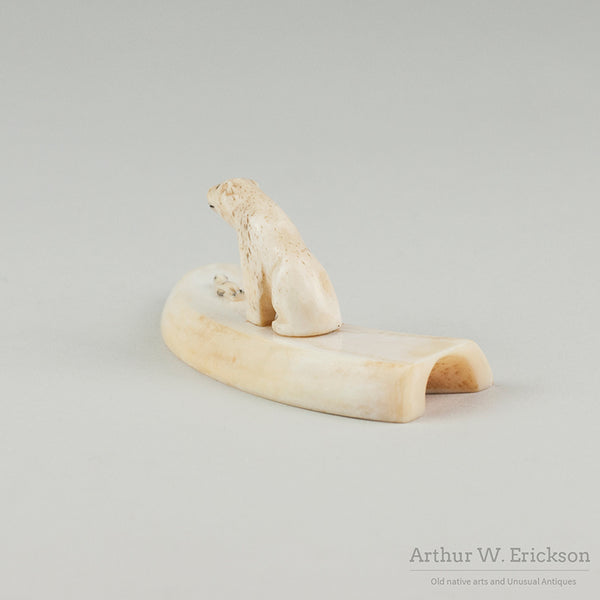 Inuit ivory Carving of a Sitting Bear Before Tiny Seal on Ivory Base