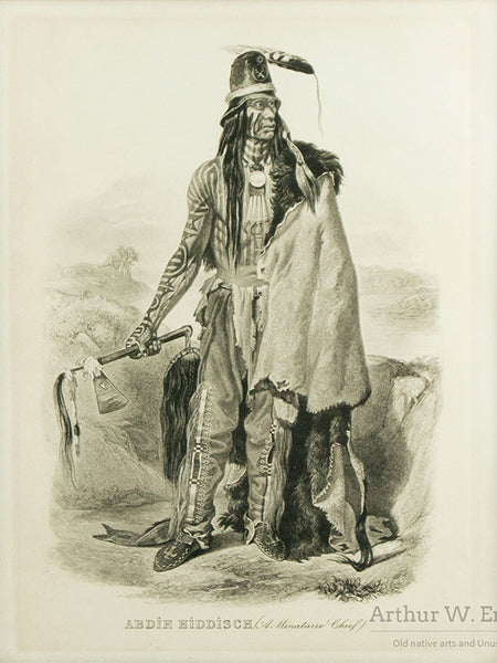 19th C etching of Abdih Hiddisch, A Minatare Chief after Bodmer